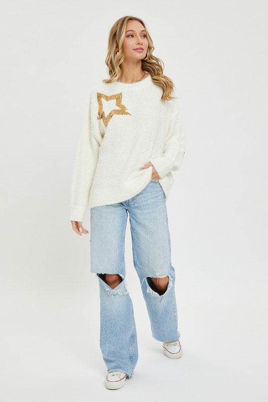 Cream Fuzzy Star Sequin Sweater | Schell Bell Boutique