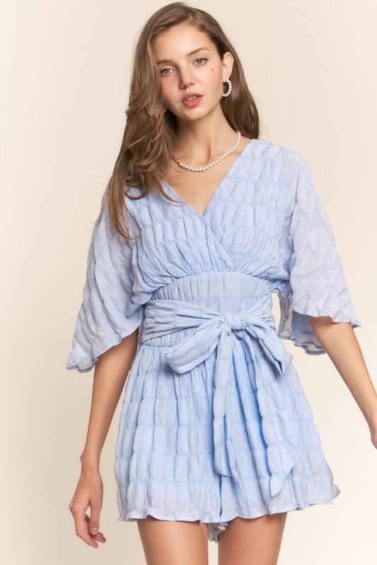 Sky Blue Bubble Crepe Romper | Schell Bell Boutique