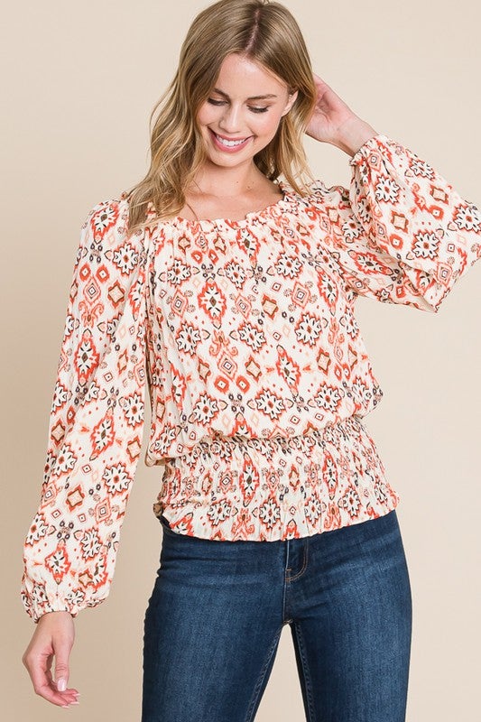 Cream Aztec Print Smocked Top | Schell Bell Boutique