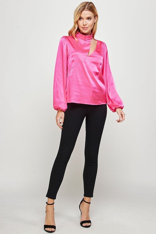 Fuchsia Cut-Out Satin Blouse | Schell Bell Boutique